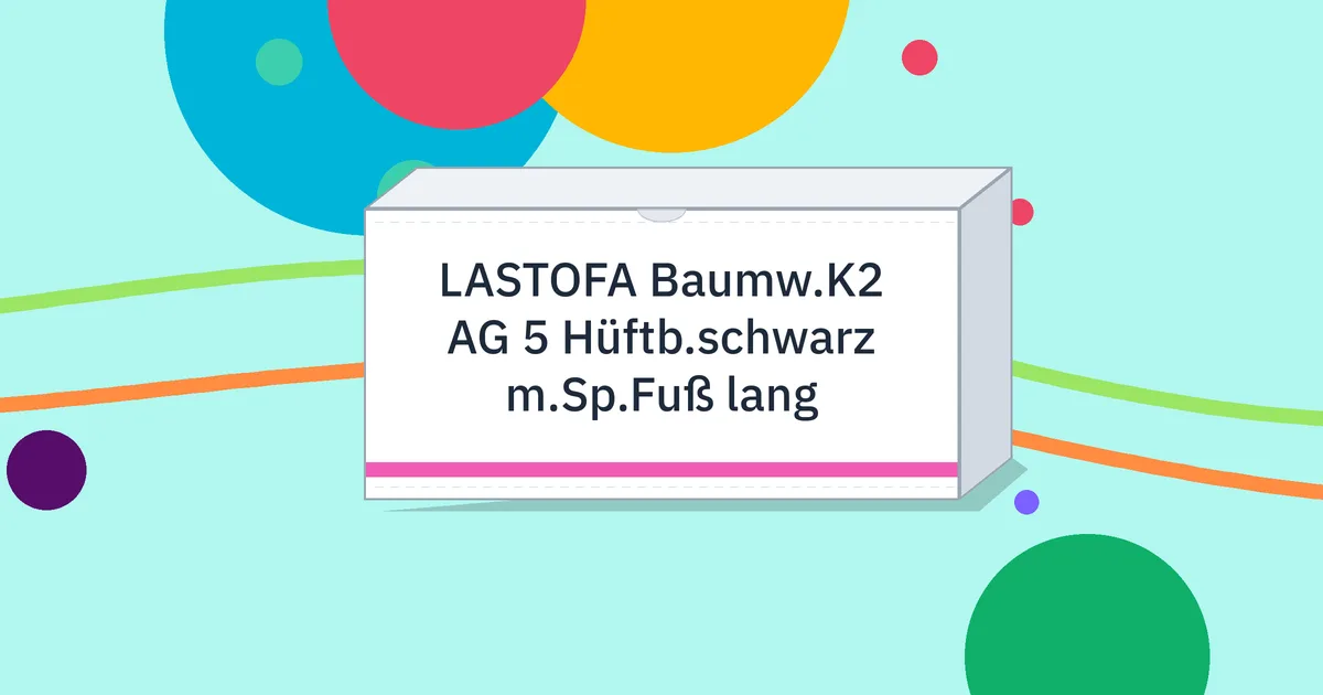 Symbolbild: Packung mit der Aufschrift LASTOFA Baumw.K2 AG 5 Hüftb.schwarz m.Sp.Fuß lang (PZN 01949255) – Verfügbarkeit und Bezug in Apotheken in Frankfurt am Main