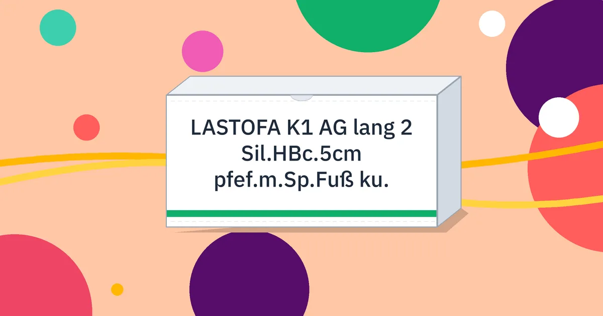 Symbolbild: Packung mit der Aufschrift LASTOFA K1 AG lang 2 Sil.HBc.5cm pfef.m.Sp.Fuß ku. (PZN 13790340) – Verfügbarkeit und Bezug in Apotheken in Frankfurt am Main