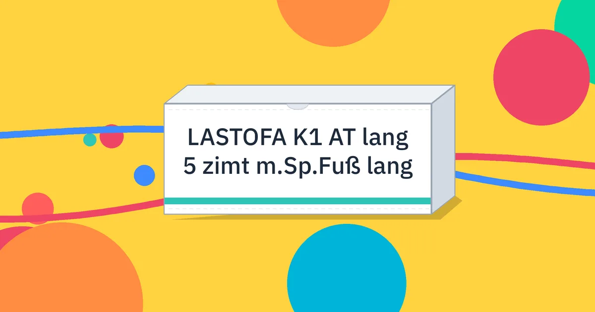 Symbolbild: Packung mit der Aufschrift LASTOFA K1 AT lang 5 zimt m.Sp.Fuß lang (PZN 13796555) – Verfügbarkeit und Bezug in Apotheken in Frankfurt am Main