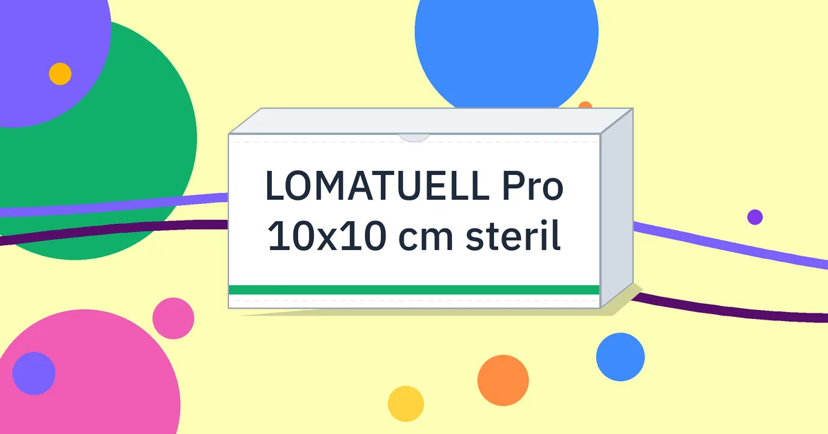 Symbolbild: Packung mit der Aufschrift LOMATUELL Pro 10x10 cm steril (PZN 19701797) – Verfügbarkeit und Bezug in Apotheken in Frankfurt am Main