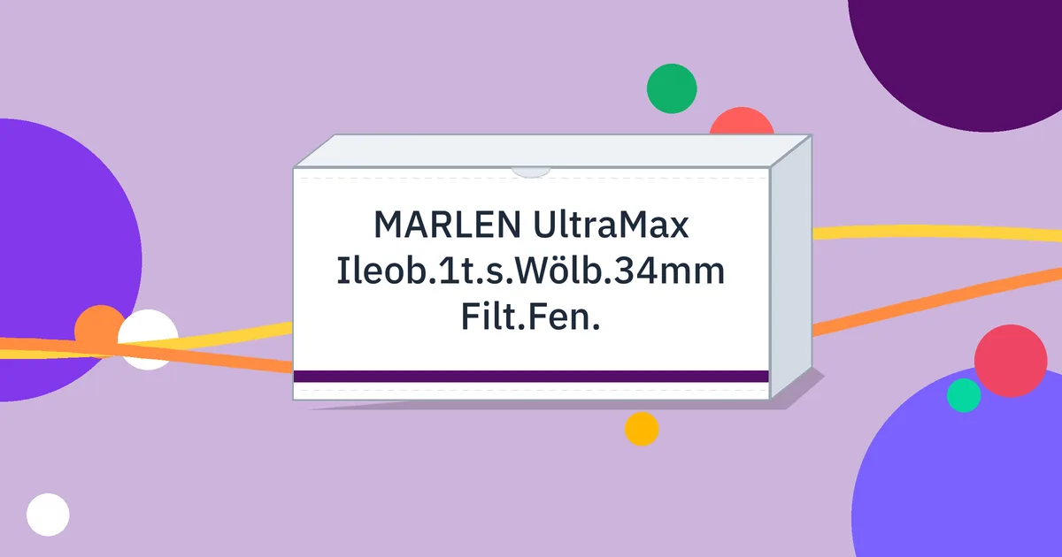 Symbolbild: Packung mit der Aufschrift MARLEN UltraMax Ileob.1t.s.Wölb.34mm Filt.Fen. (PZN 03293824) – Verfügbarkeit und Bezug in Apotheken in Frankfurt am Main