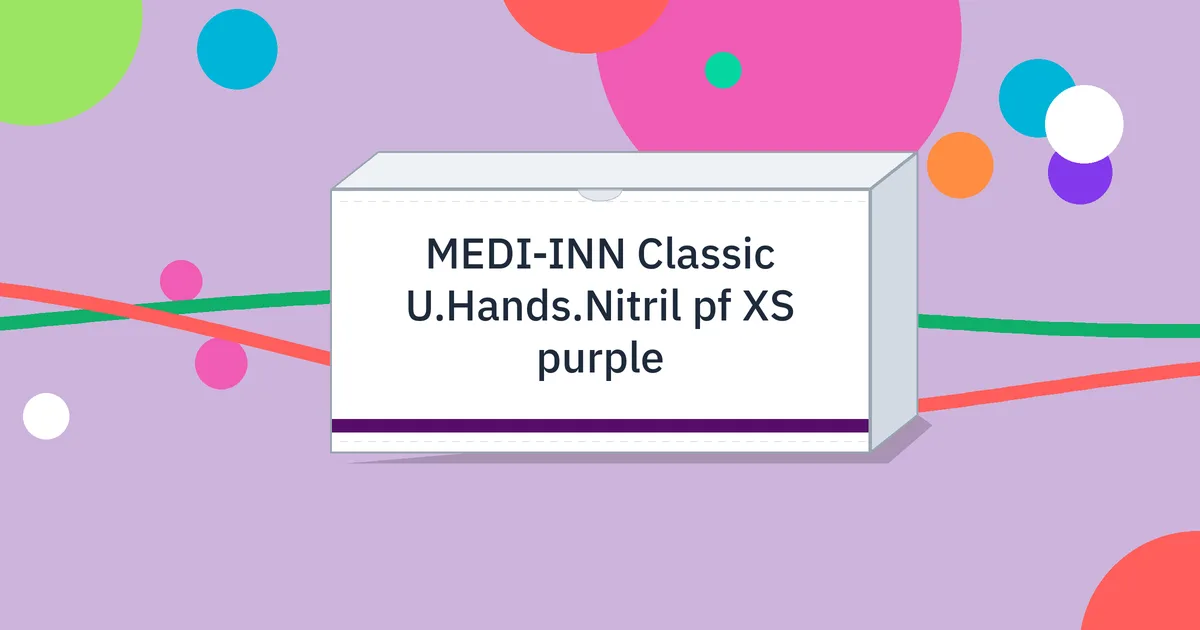 Symbolbild: Packung mit der Aufschrift MEDI-INN Classic U.Hands.Nitril pf XS purple (PZN 18444855) – Verfügbarkeit und Bezug in Apotheken in Frankfurt am Main