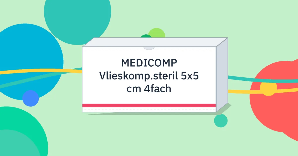 Symbolbild: Packung mit der Aufschrift MEDICOMP Vlieskomp.steril 5x5 cm 4fach (PZN 16585391) – Verfügbarkeit und Bezug in Apotheken in Frankfurt am Main