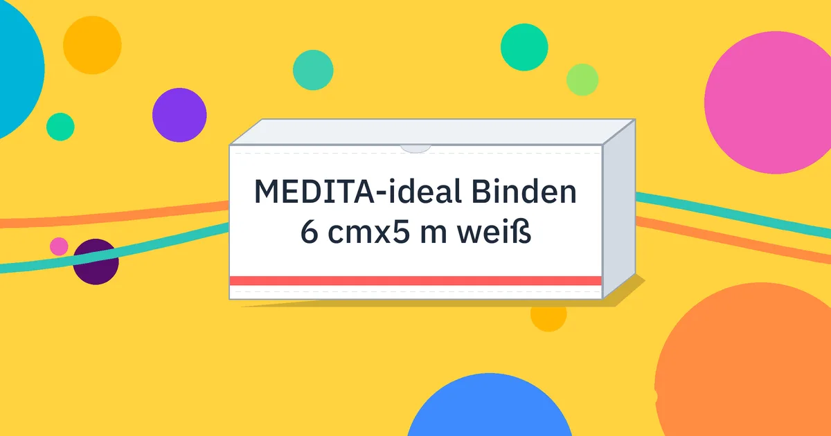 Symbolbild: Packung mit der Aufschrift MEDITA-ideal Binden 6 cmx5 m weiß (PZN 19451805) – Verfügbarkeit und Bezug in Apotheken in Frankfurt am Main