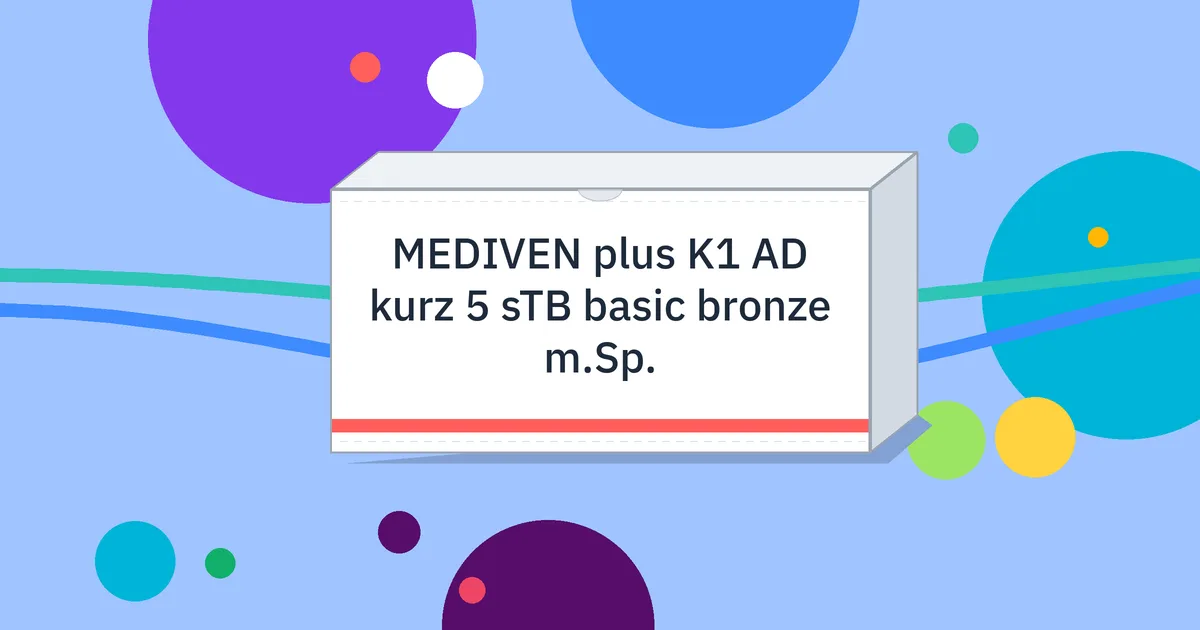 Symbolbild: Packung mit der Aufschrift MEDIVEN plus K1 AD kurz 5 sTB basic bronze m.Sp. (PZN 15047349) – Verfügbarkeit und Bezug in Apotheken in Frankfurt am Main