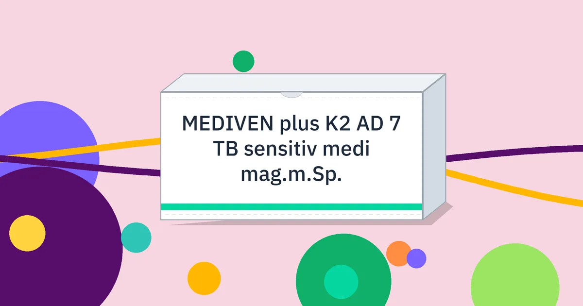 Symbolbild: Packung mit der Aufschrift MEDIVEN plus K2 AD 7 TB sensitiv medi mag.m.Sp. (PZN 15105265) – Verfügbarkeit und Bezug in Apotheken in Frankfurt am Main