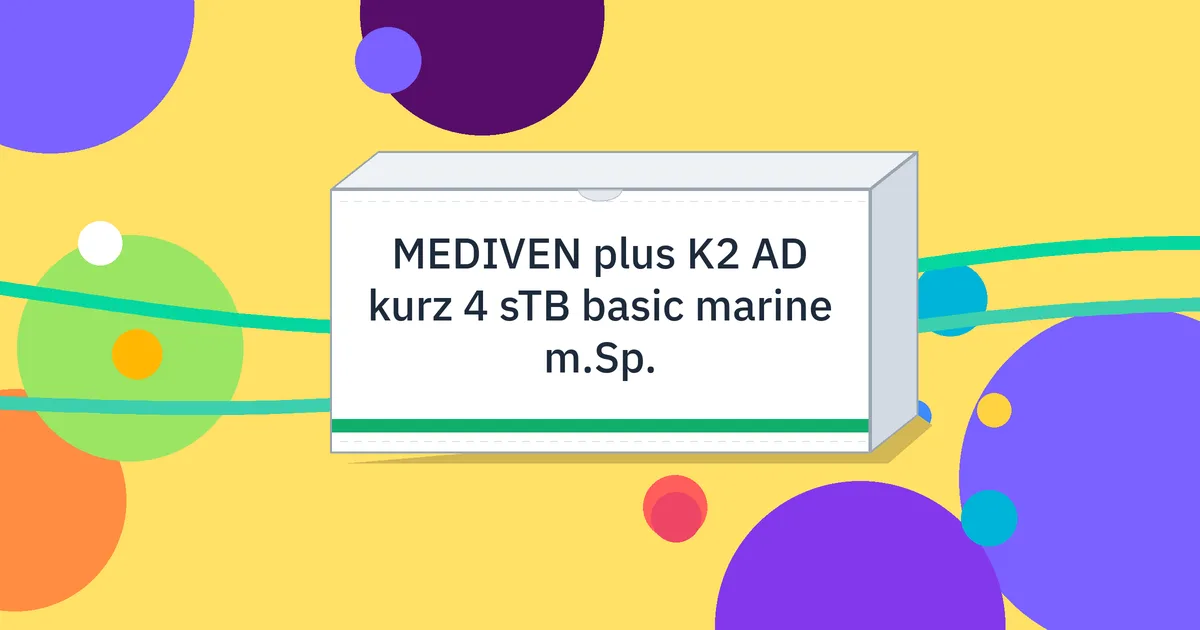 Symbolbild: Packung mit der Aufschrift MEDIVEN plus K2 AD kurz 4 sTB basic marine m.Sp. (PZN 15099079) – Verfügbarkeit und Bezug in Apotheken in Frankfurt am Main