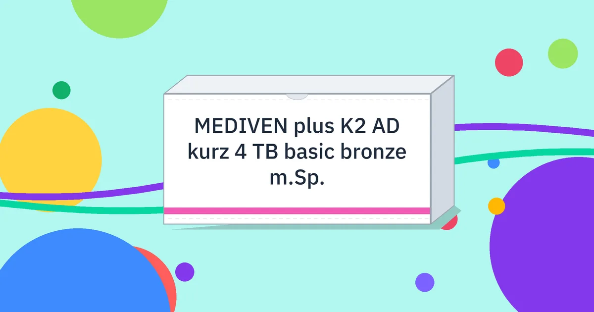 Symbolbild: Packung mit der Aufschrift MEDIVEN plus K2 AD kurz 4 TB basic bronze m.Sp. (PZN 15098878) – Verfügbarkeit und Bezug in Apotheken in Frankfurt am Main
