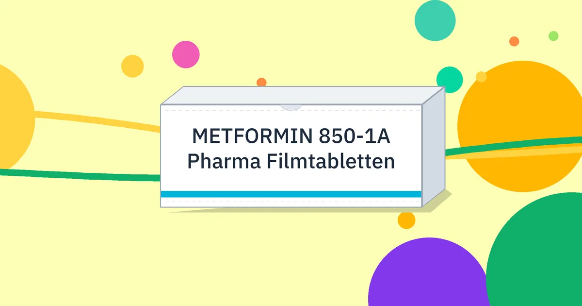 Symbolbild: Packung mit der Aufschrift METFORMIN 850-1A Pharma Filmtabletten (PZN 00113804) – Verfügbarkeit und Bezug in Apotheken in Frankfurt am Main