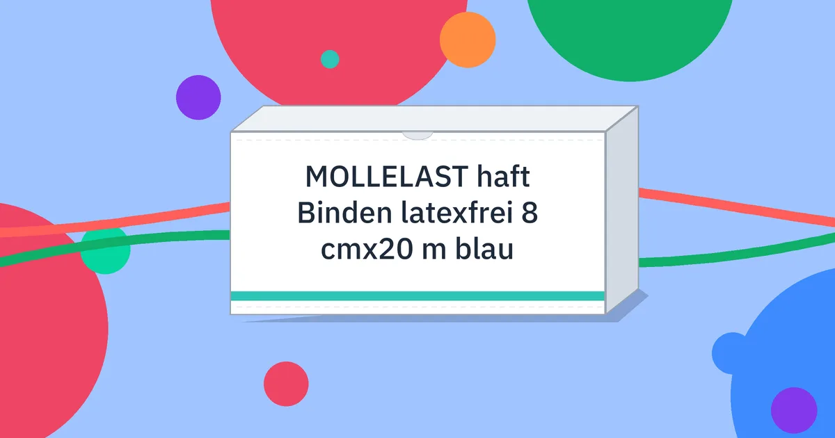Symbolbild: Packung mit der Aufschrift MOLLELAST haft Binden latexfrei 8 cmx20 m blau (PZN 09886011) – Verfügbarkeit und Bezug in Apotheken in Frankfurt am Main