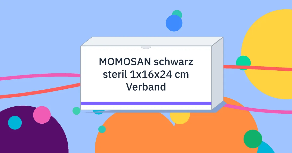 Symbolbild: Packung mit der Aufschrift MOMOSAN schwarz steril 1x16x24 cm Verband (PZN 04116219) – Verfügbarkeit und Bezug in Apotheken in Frankfurt am Main