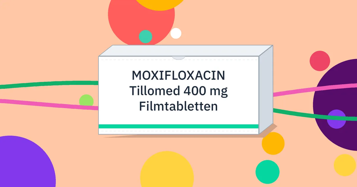 Symbolbild: Packung mit der Aufschrift MOXIFLOXACIN Tillomed 400 mg Filmtabletten (PZN 15238256) – Verfügbarkeit und Bezug in Apotheken in Frankfurt am Main