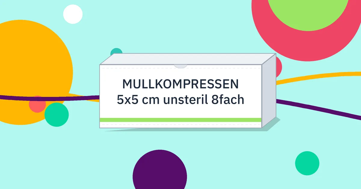 Symbolbild: Packung mit der Aufschrift MULLKOMPRESSEN 5x5 cm unsteril 8fach (PZN 08888700) – Verfügbarkeit und Bezug in Apotheken in Frankfurt am Main