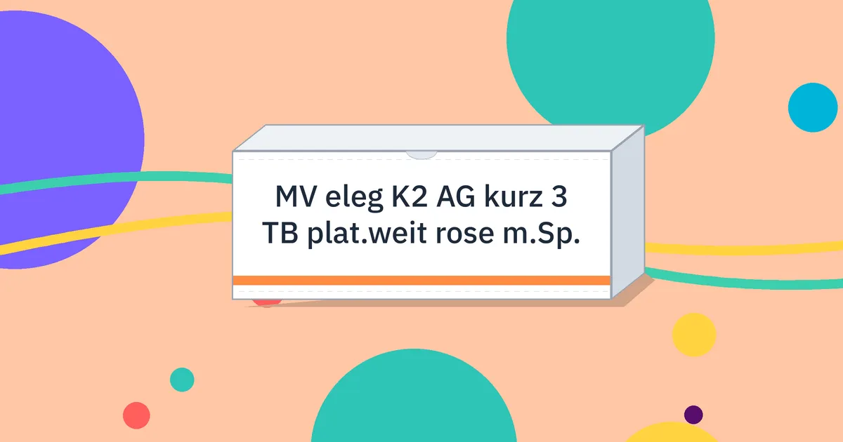 Symbolbild: Packung mit der Aufschrift MV eleg K2 AG kurz 3 TB plat.weit rose m.Sp. (PZN 14696666) – Verfügbarkeit und Bezug in Apotheken in Frankfurt am Main