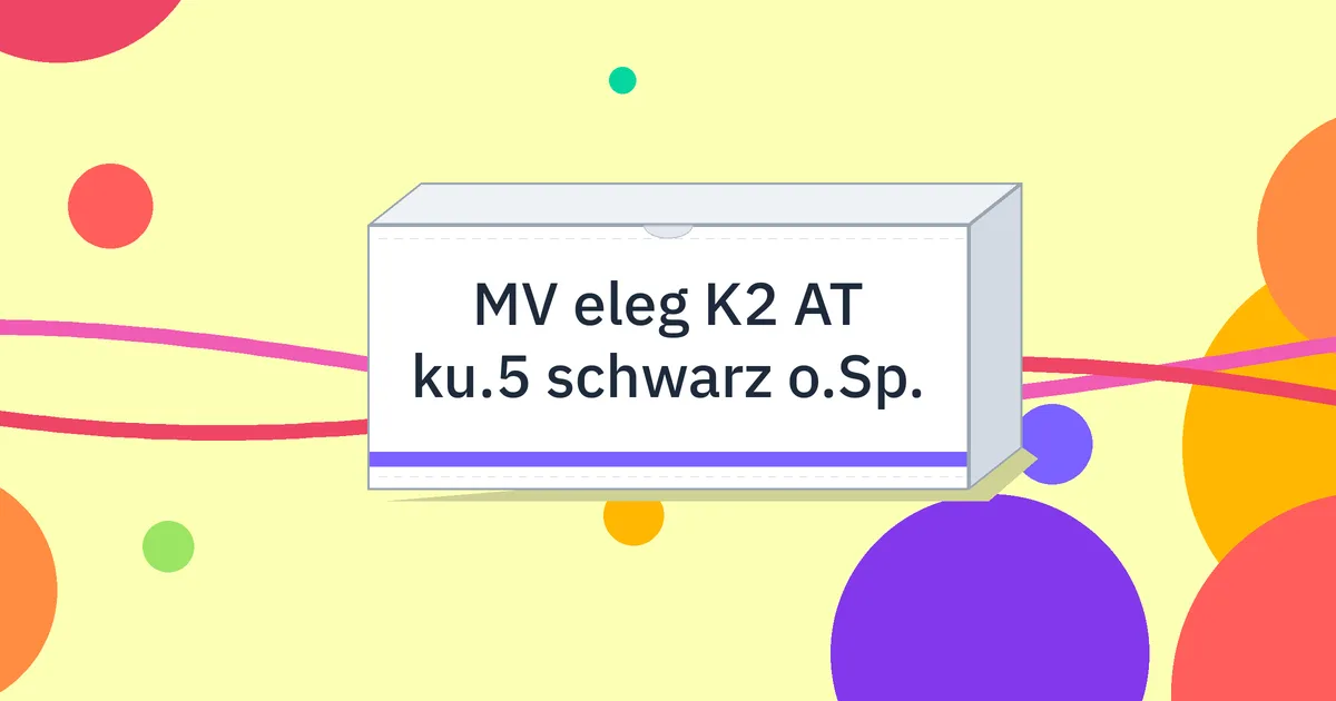 Symbolbild: Packung mit der Aufschrift MV eleg K2 AT ku.5 schwarz o.Sp. (PZN 00312691) – Verfügbarkeit und Bezug in Apotheken in Frankfurt am Main