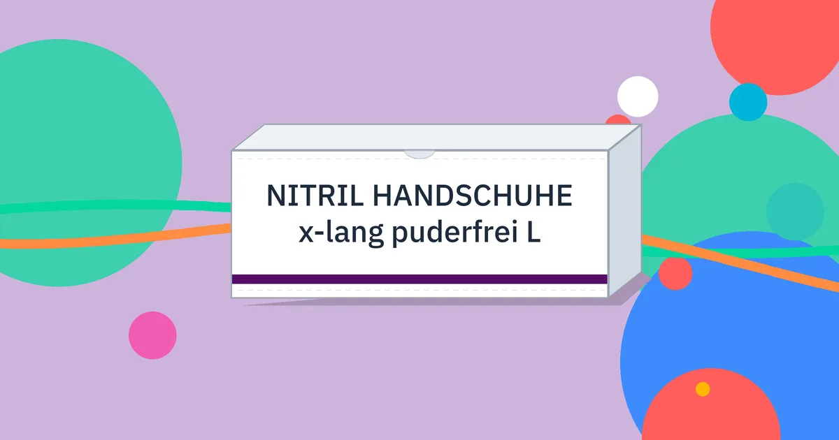 Symbolbild: Packung mit der Aufschrift NITRIL HANDSCHUHE x-lang puderfrei L (PZN 04650953) – Verfügbarkeit und Bezug in Apotheken in Frankfurt am Main
