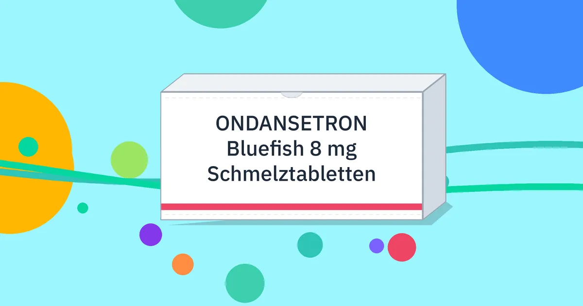 Symbolbild: Packung mit der Aufschrift ONDANSETRON Bluefish 8 mg Schmelztabletten (PZN 18806554) – Verfügbarkeit und Bezug in Apotheken in Frankfurt am Main