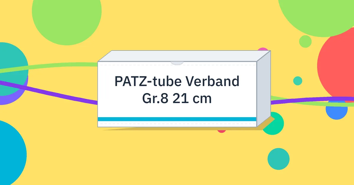 Symbolbild: Packung mit der Aufschrift PATZ-tube Verband Gr.8 21 cm (PZN 06815157) – Verfügbarkeit und Bezug in Apotheken in Frankfurt am Main