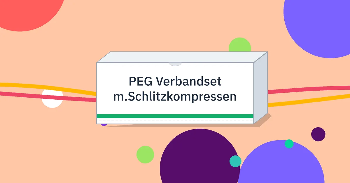 Symbolbild: Packung mit der Aufschrift PEG Verbandset m.Schlitzkompressen (PZN 12802199) – Verfügbarkeit und Bezug in Apotheken in Frankfurt am Main