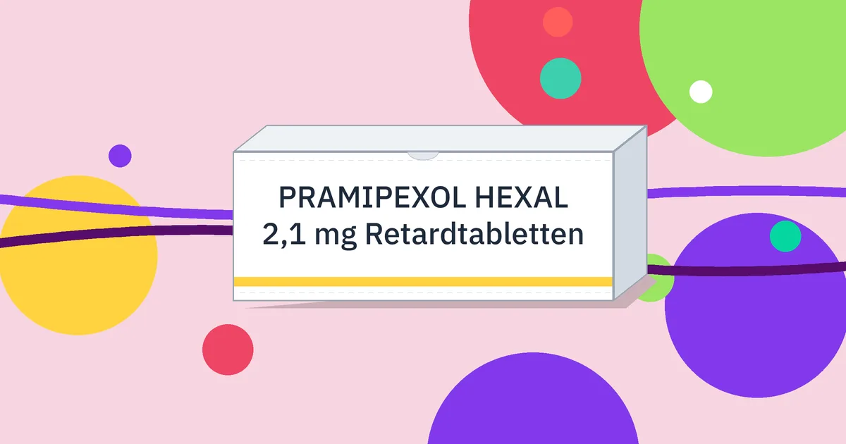 Symbolbild: Packung mit der Aufschrift PRAMIPEXOL HEXAL 2,1 mg Retardtabletten (PZN 08455059) – Verfügbarkeit und Bezug in Apotheken in Frankfurt am Main