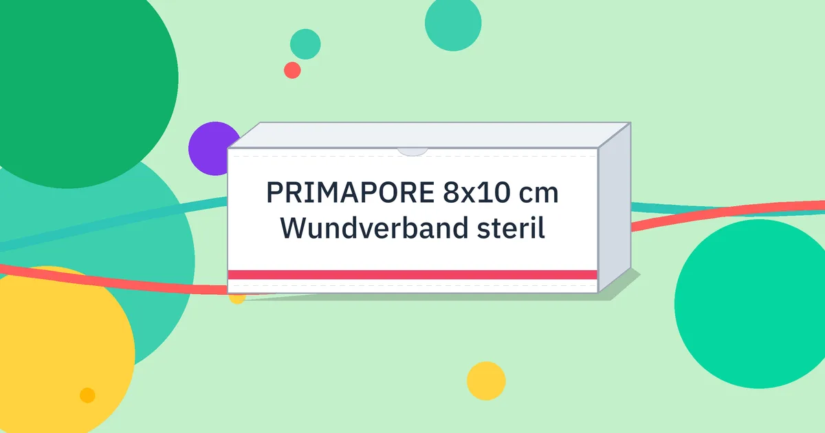 Symbolbild: Packung mit der Aufschrift PRIMAPORE 8x10 cm Wundverband steril (PZN 16139616) – Verfügbarkeit und Bezug in Apotheken in Frankfurt am Main