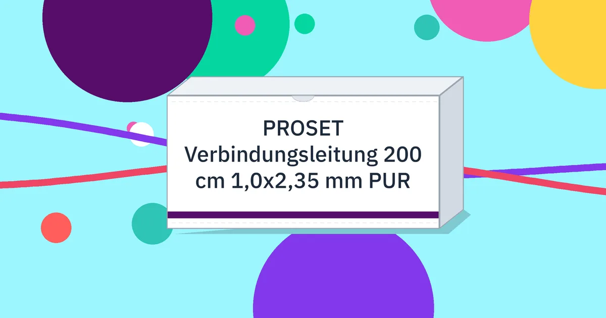 Symbolbild: Packung mit der Aufschrift PROSET Verbindungsleitung 200 cm 1,0x2,35 mm PUR (PZN 11865743) – Verfügbarkeit und Bezug in Apotheken in Frankfurt am Main