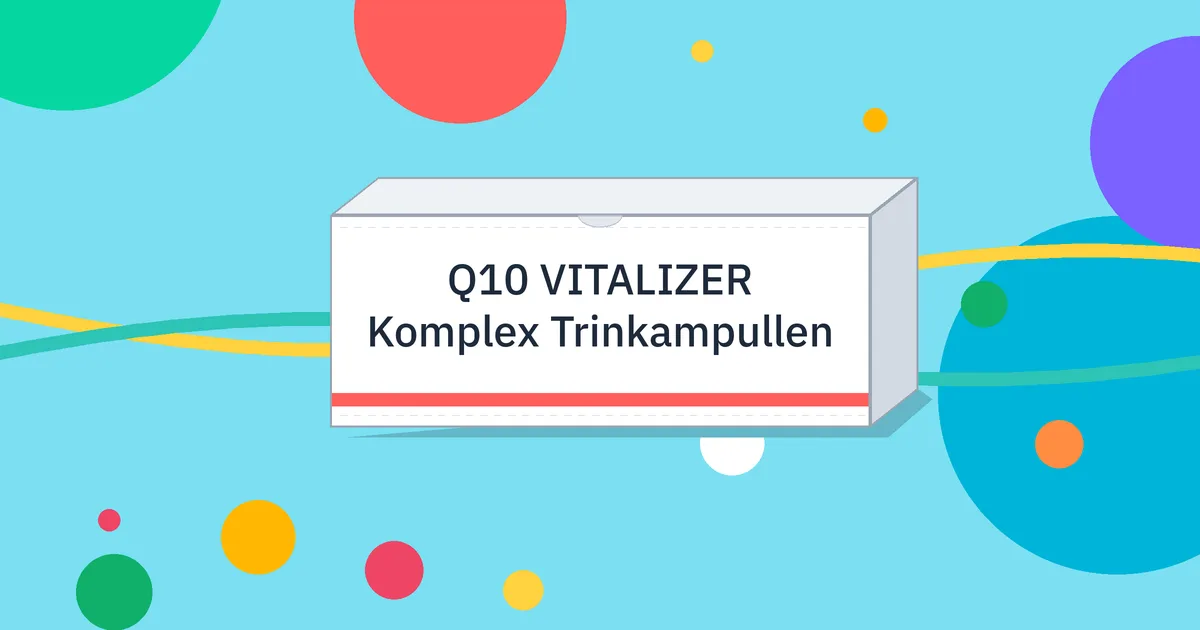 Symbolbild: Packung mit der Aufschrift Q10 VITALIZER Komplex Trinkampullen (PZN 08443441) – Verfügbarkeit und Bezug in Apotheken in Frankfurt am Main