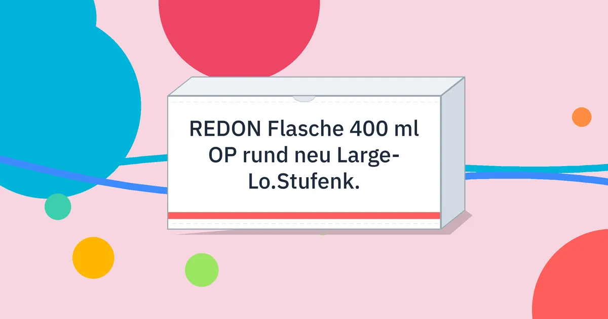Symbolbild: Packung mit der Aufschrift REDON Flasche 400 ml OP rund neu Large-Lo.Stufenk. (PZN 10962697) – Verfügbarkeit und Bezug in Apotheken in Frankfurt am Main