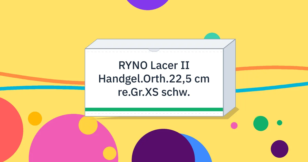 Symbolbild: Packung mit der Aufschrift RYNO Lacer II Handgel.Orth.22,5 cm re.Gr.XS schw. (PZN 14048648) – Verfügbarkeit und Bezug in Apotheken in Frankfurt am Main