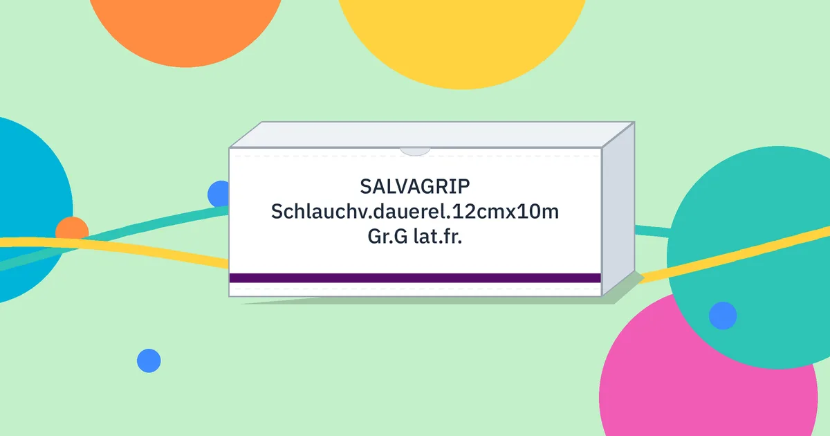 Symbolbild: Packung mit der Aufschrift SALVAGRIP Schlauchv.dauerel.12cmx10m Gr.G lat.fr. (PZN 16744300) – Verfügbarkeit und Bezug in Apotheken in Frankfurt am Main