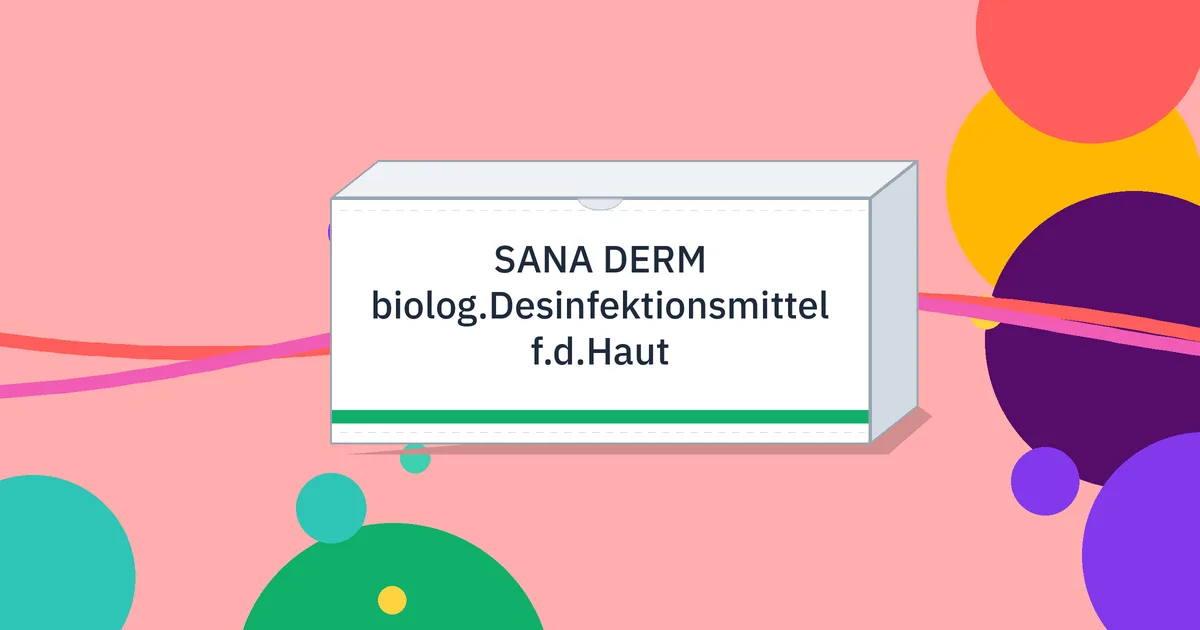 Symbolbild: Packung mit der Aufschrift SANA DERM biolog.Desinfektionsmittel f.d.Haut (PZN 12870634) – Verfügbarkeit und Bezug in Apotheken in Frankfurt am Main