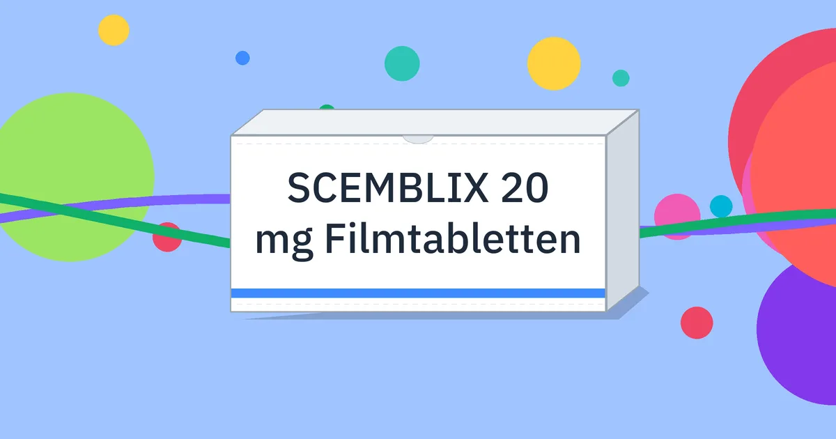 Symbolbild: Packung mit der Aufschrift SCEMBLIX 20 mg Filmtabletten (PZN 19723103) – Verfügbarkeit und Bezug in Apotheken in Frankfurt am Main