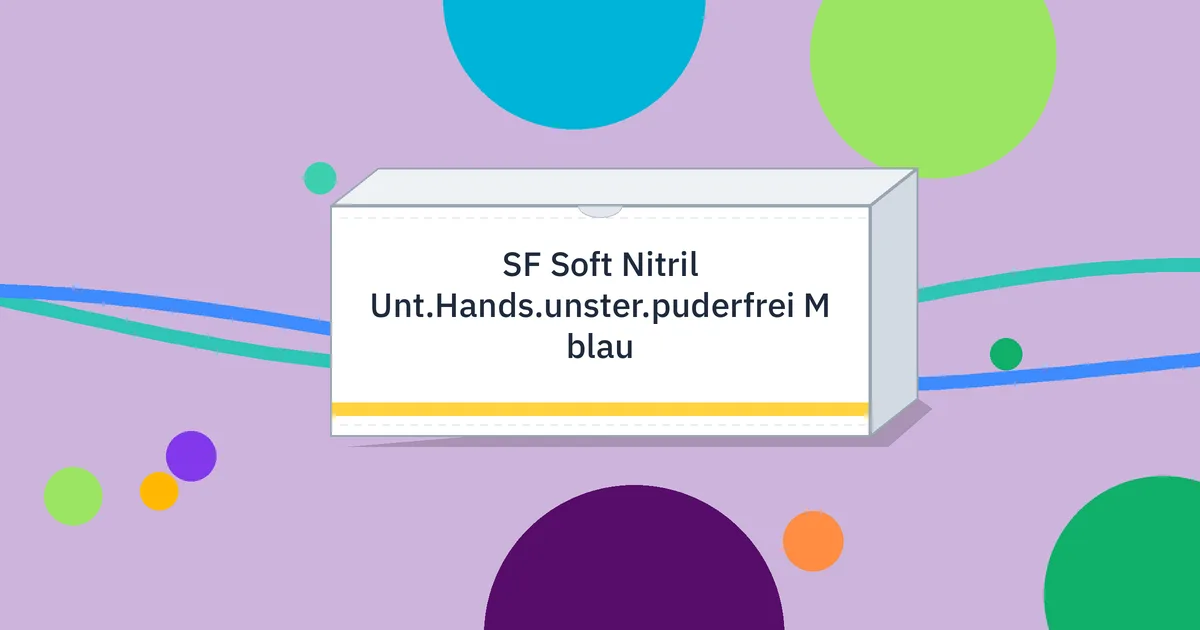 Symbolbild: Packung mit der Aufschrift SF Soft Nitril Unt.Hands.unster.puderfrei M blau (PZN 15659578) – Verfügbarkeit und Bezug in Apotheken in Frankfurt am Main