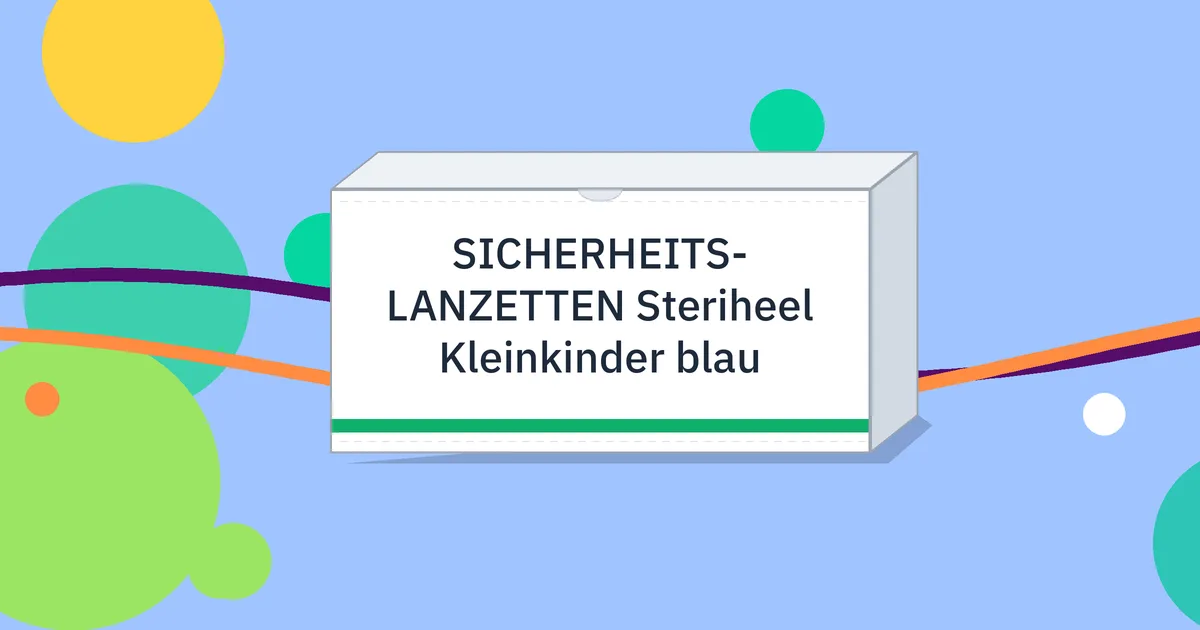 Symbolbild: Packung mit der Aufschrift SICHERHEITS-LANZETTEN Steriheel Kleinkinder blau (PZN 15816523) – Verfügbarkeit und Bezug in Apotheken in Frankfurt am Main