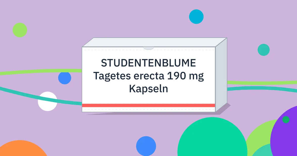 Symbolbild: Packung mit der Aufschrift STUDENTENBLUME Tagetes erecta 190 mg Kapseln (PZN 18216812) – Verfügbarkeit und Bezug in Apotheken in Frankfurt am Main