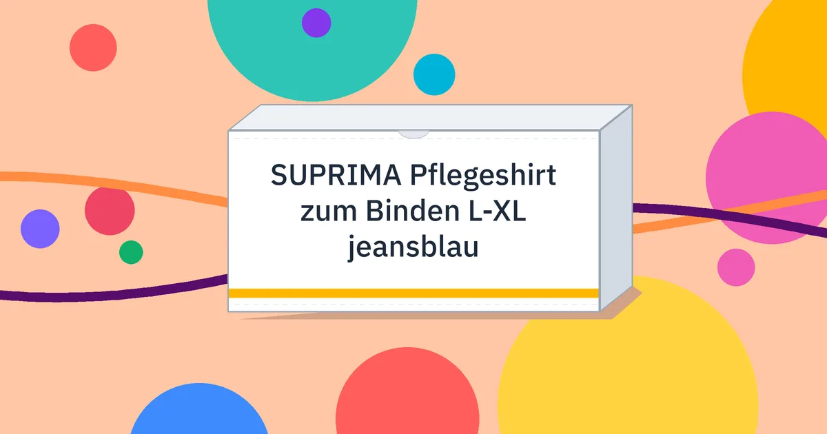 Symbolbild: Packung mit der Aufschrift SUPRIMA Pflegeshirt zum Binden L-XL jeansblau (PZN 19554793) – Verfügbarkeit und Bezug in Apotheken in Frankfurt am Main