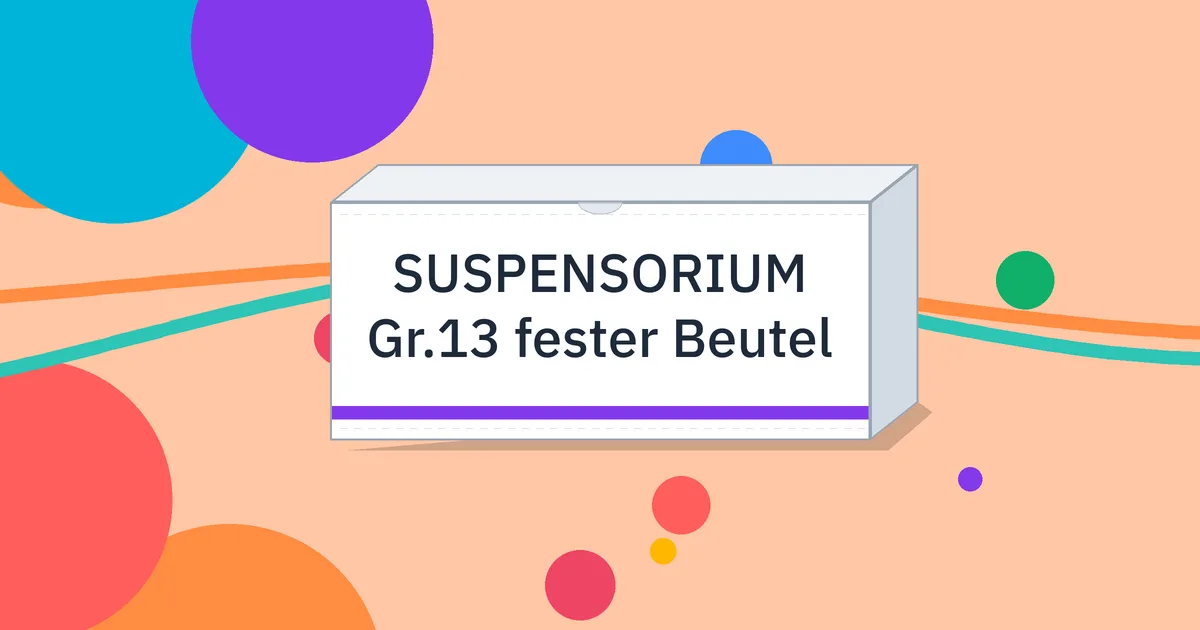 Symbolbild: Packung mit der Aufschrift SUSPENSORIUM Gr.13 fester Beutel (PZN 01969163) – Verfügbarkeit und Bezug in Apotheken in Frankfurt am Main