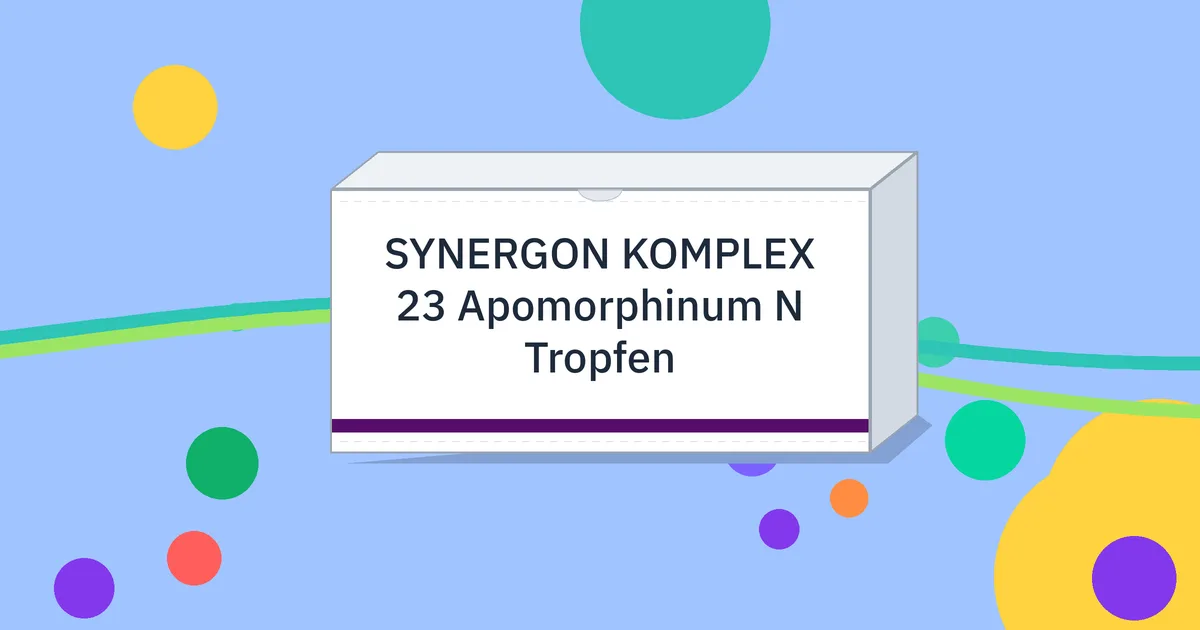 Symbolbild: Packung mit der Aufschrift SYNERGON KOMPLEX 23 Apomorphinum N Tropfen (PZN 03574724) – Verfügbarkeit und Bezug in Apotheken in Frankfurt am Main