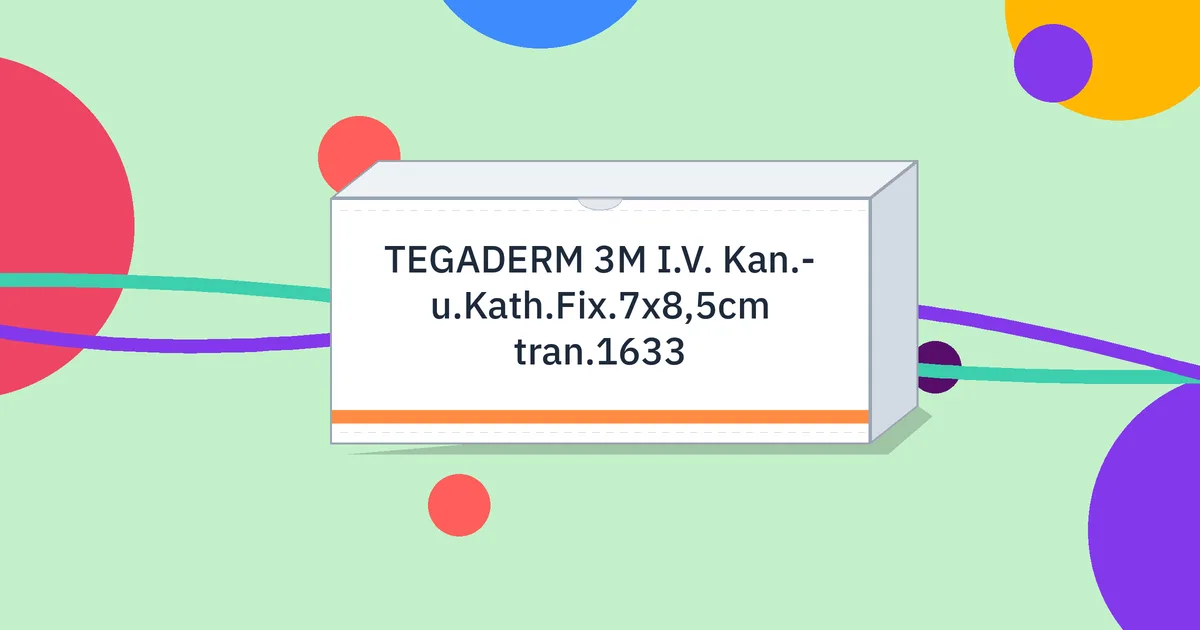Symbolbild: Packung mit der Aufschrift TEGADERM 3M I.V. Kan.-u.Kath.Fix.7x8,5cm tran.1633 (PZN 18378319) – Verfügbarkeit und Bezug in Apotheken in Frankfurt am Main