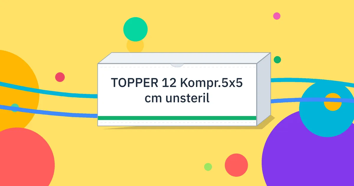 Symbolbild: Packung mit der Aufschrift TOPPER 12 Kompr.5x5 cm unsteril (PZN 03420381) – Verfügbarkeit und Bezug in Apotheken in Frankfurt am Main