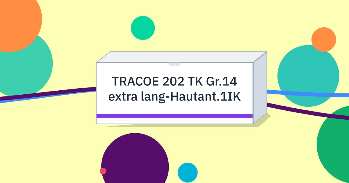 Symbolbild: Packung mit der Aufschrift TRACOE 202 TK Gr.14 extra lang-Hautant.1IK (PZN 17194735) – Verfügbarkeit und Bezug in Apotheken in Frankfurt am Main
