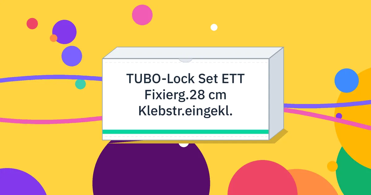 Symbolbild: Packung mit der Aufschrift TUBO-Lock Set ETT Fixierg.28 cm Klebstr.eingekl. (PZN 18796146) – Verfügbarkeit und Bezug in Apotheken in Frankfurt am Main