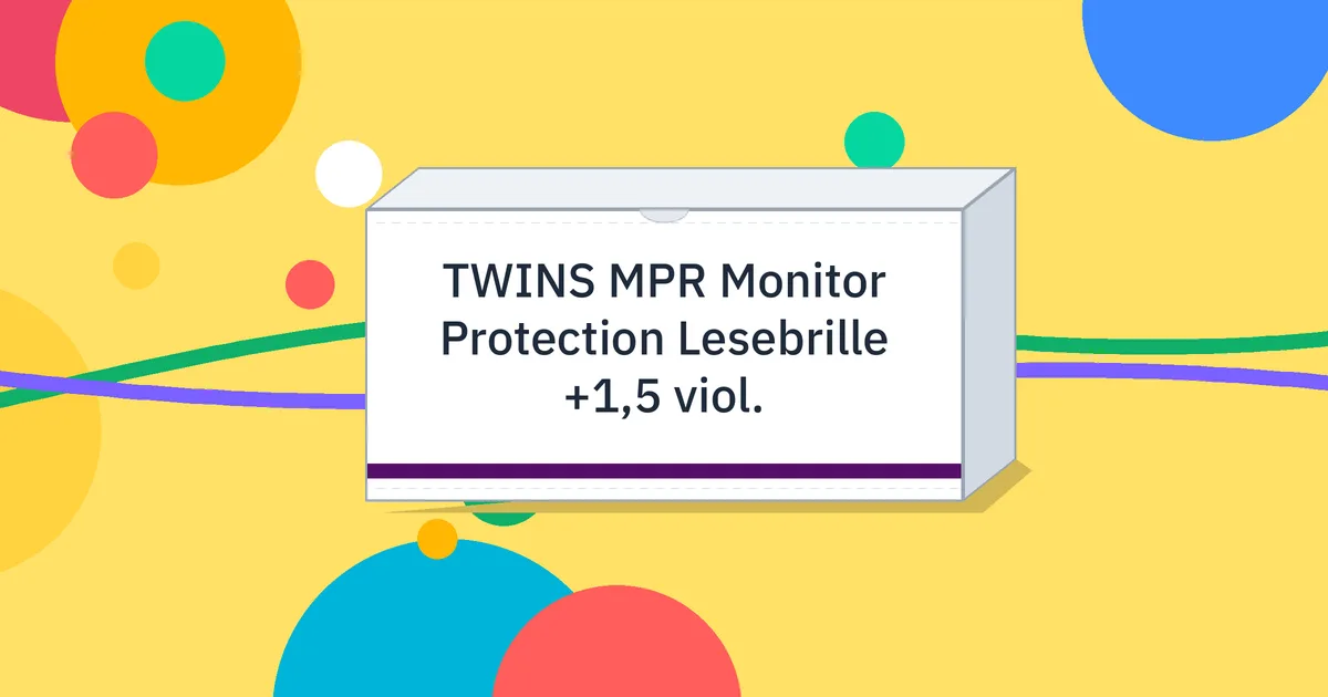 Symbolbild: Packung mit der Aufschrift TWINS MPR Monitor Protection Lesebrille +1,5 viol. (PZN 13344505) – Verfügbarkeit und Bezug in Apotheken in Frankfurt am Main