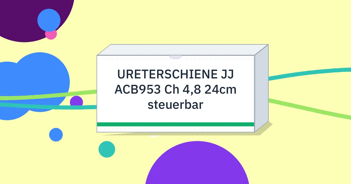 Symbolbild: Packung mit der Aufschrift URETERSCHIENE JJ ACB953 Ch 4,8 24cm steuerbar (PZN 00486675) – Verfügbarkeit und Bezug in Apotheken in Frankfurt am Main