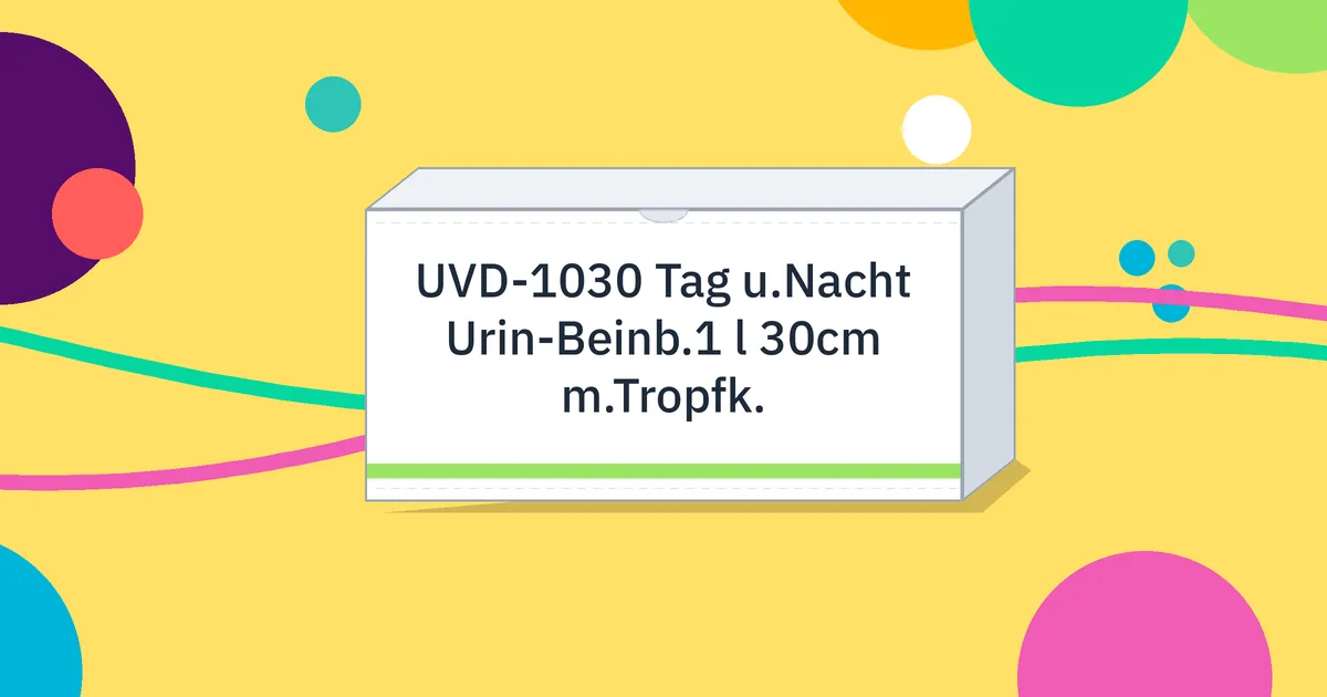 Symbolbild: Packung mit der Aufschrift UVD-1030 Tag u.Nacht Urin-Beinb.1 l 30cm m.Tropfk. (PZN 14267238) – Verfügbarkeit und Bezug in Apotheken in Frankfurt am Main