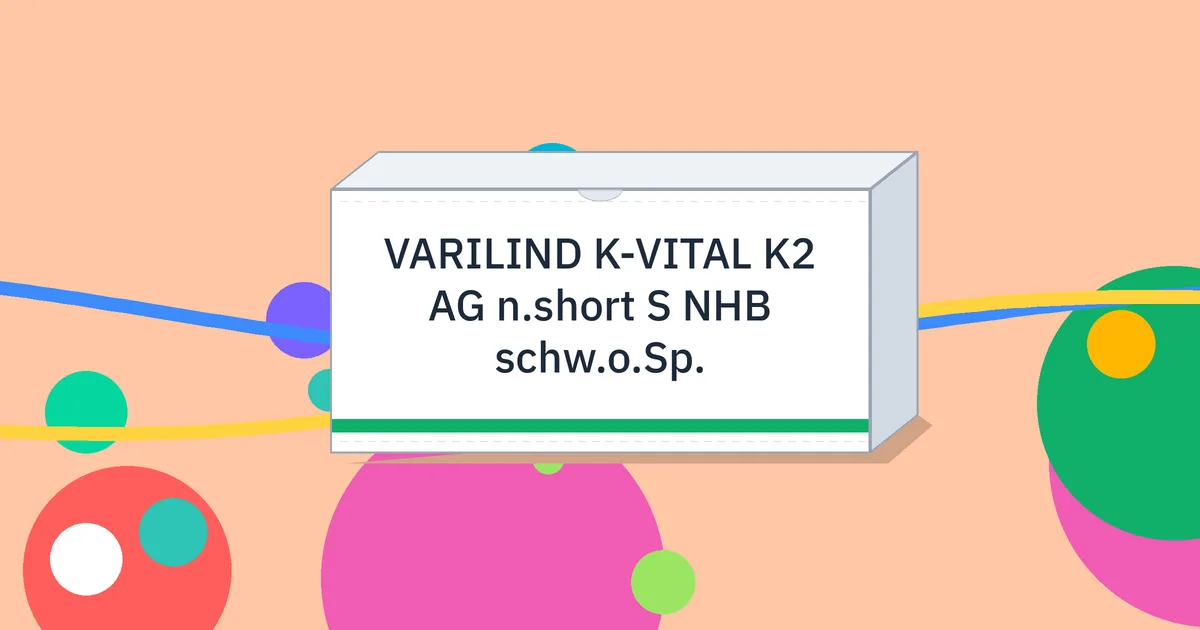 Symbolbild: Packung mit der Aufschrift VARILIND K-VITAL K2 AG n.short S NHB schw.o.Sp. (PZN 20565187) – Verfügbarkeit und Bezug in Apotheken in Frankfurt am Main