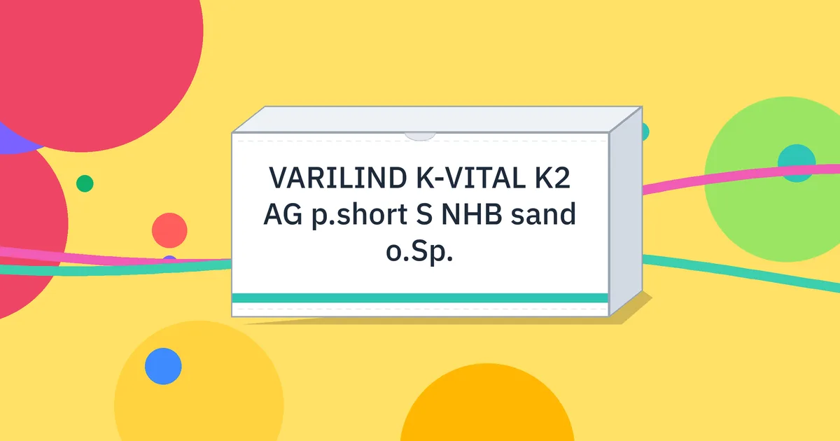 Symbolbild: Packung mit der Aufschrift VARILIND K-VITAL K2 AG p.short S NHB sand o.Sp. (PZN 20564503) – Verfügbarkeit und Bezug in Apotheken in Frankfurt am Main