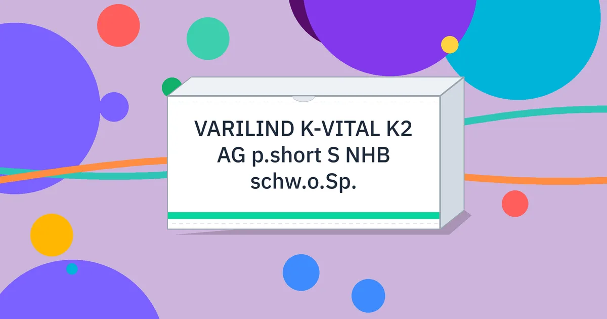 Symbolbild: Packung mit der Aufschrift VARILIND K-VITAL K2 AG p.short S NHB schw.o.Sp. (PZN 20565276) – Verfügbarkeit und Bezug in Apotheken in Frankfurt am Main