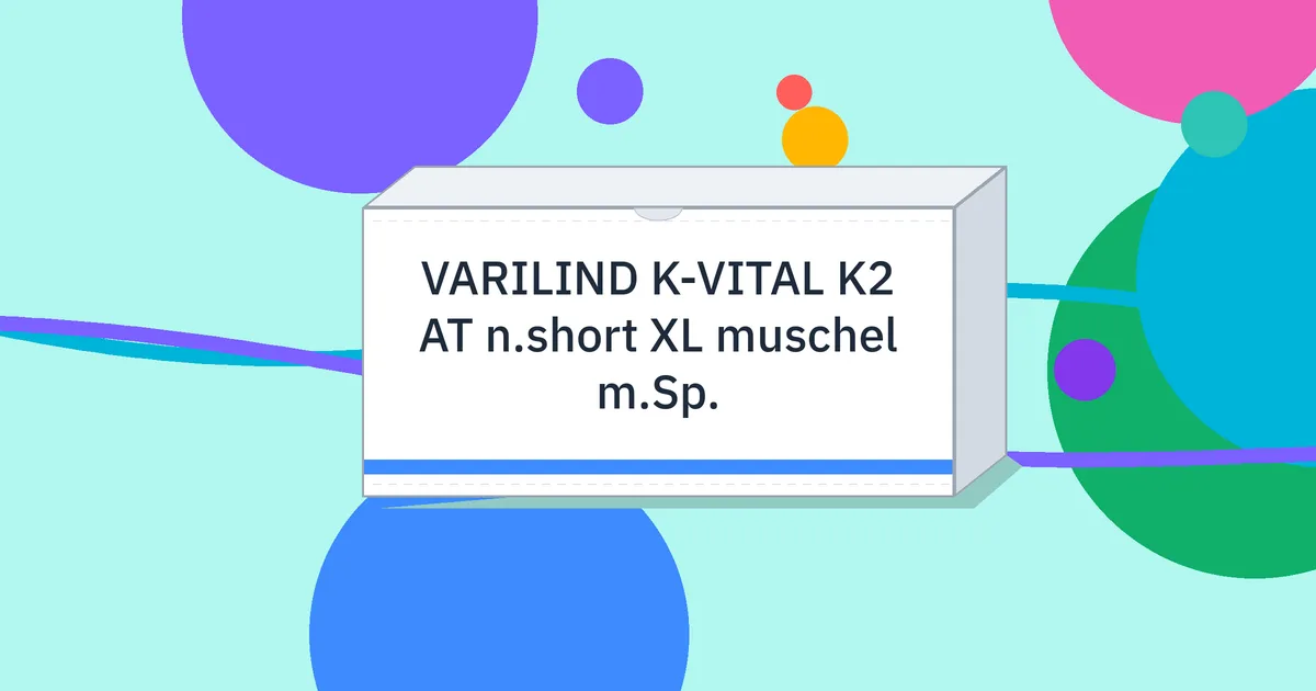 Symbolbild: Packung mit der Aufschrift VARILIND K-VITAL K2 AT n.short XL muschel m.Sp. (PZN 20562303) – Verfügbarkeit und Bezug in Apotheken in Frankfurt am Main