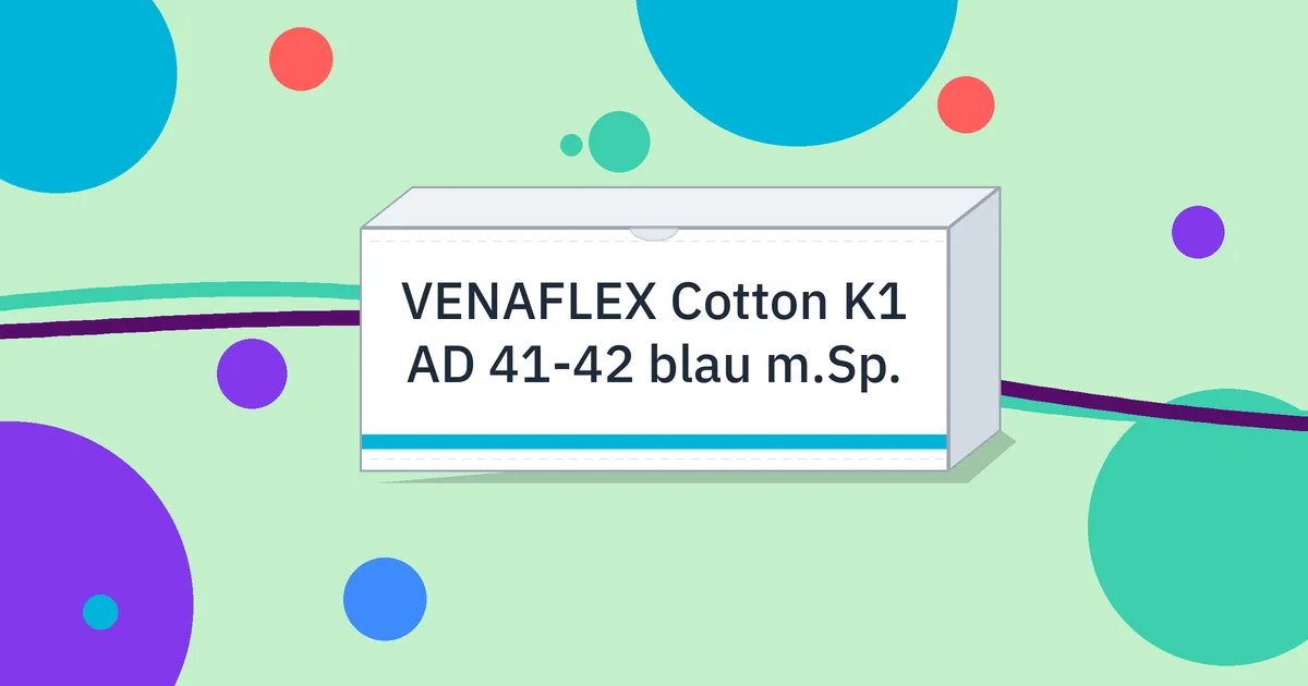 Symbolbild: Packung mit der Aufschrift VENAFLEX Cotton K1 AD 41-42 blau m.Sp. (PZN 18309063) – Verfügbarkeit und Bezug in Apotheken in Frankfurt am Main